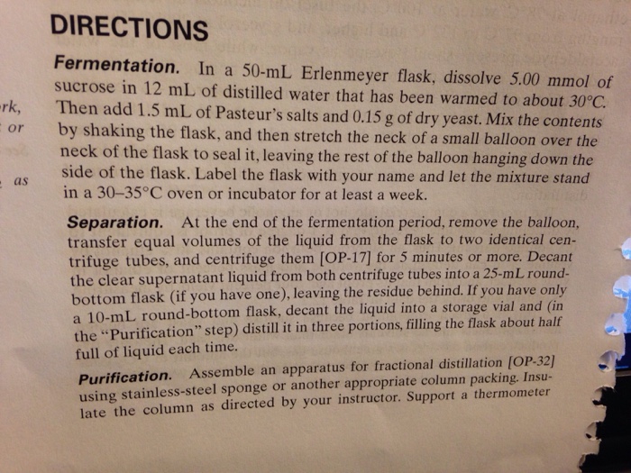 Solved DIRECTIONS Fermentation. In a 50-mL Erlenmeyer flask, | Chegg.com