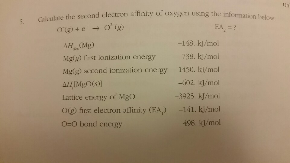 Solved Calculate the second electron affinity of oxygen | Chegg.com