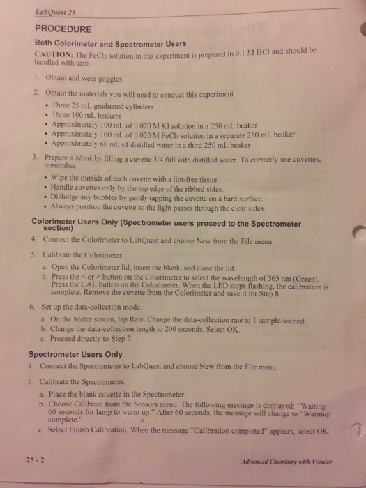 Solved LabQuest 25 PROCEDURE Both Colorimeter and | Chegg.com