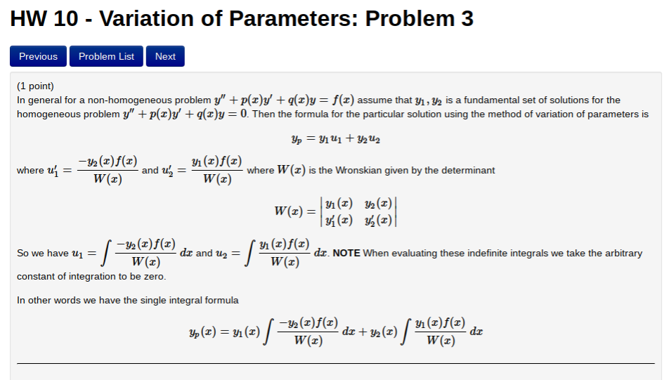 Solved HW 10 - Variation of Parameters: Problem 3 Previous | Chegg.com