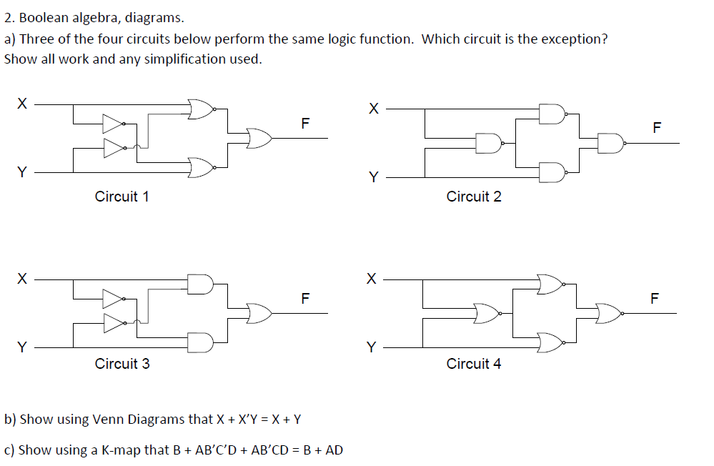 Solved Boolean algebra, diagrams. Three of the four circuits | Chegg.com