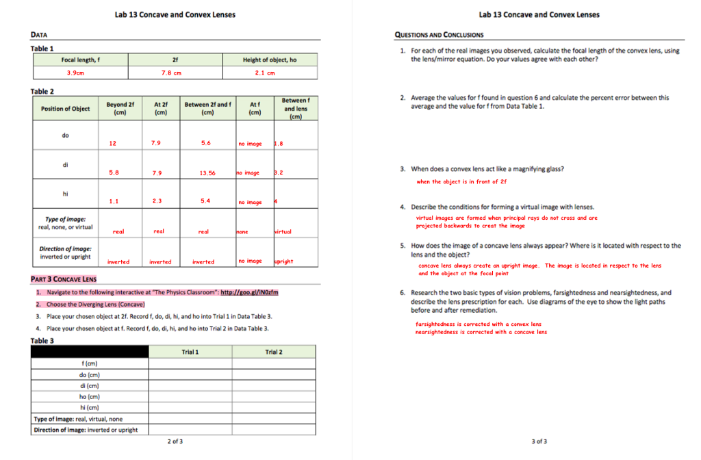 Concave And Convex Lenses Worksheet With Answers