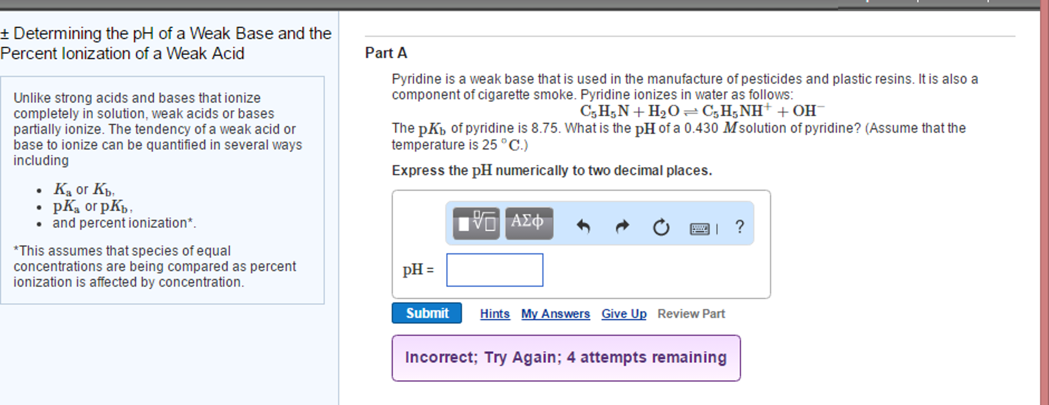 Solved Determining the pH of a Weak Base and the Percent | Chegg.com