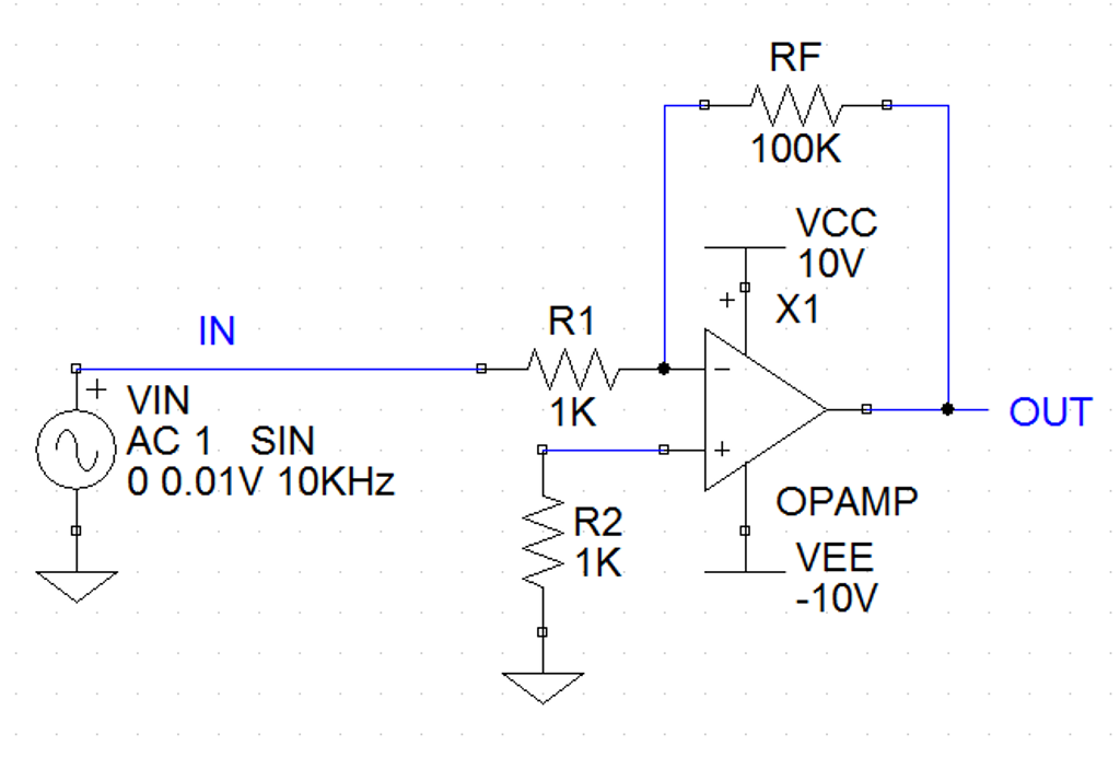Solved IN VIN n, AC 1 SIN 0 0.01V 10KHz R1 1K R2 1K RF 100K | Chegg.com