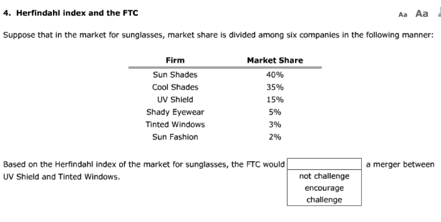 Solved Aa Aa 4. Herfindahl index and the FTC Suppose that in | Chegg.com