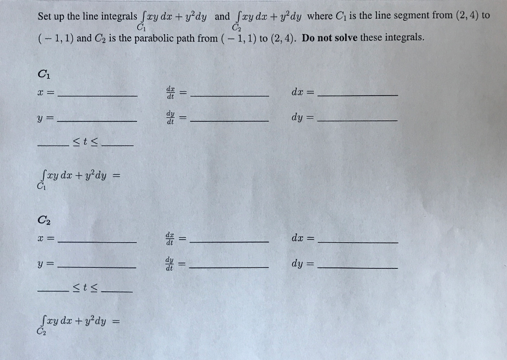 Solved Set up the line integrals integral_C_1 xy dx + y^2 dy | Chegg.com