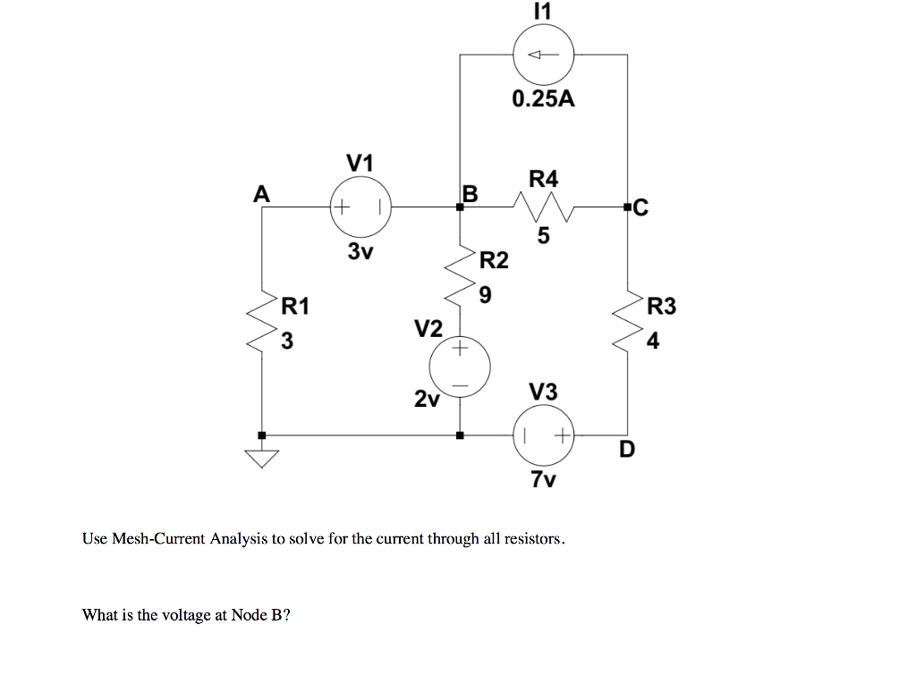 Solved 0.25A V1 R4 «? 5 3v R2 9 R1 R3 4 V2 2v V3 Use | Chegg.com
