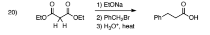 Solved 20) O O 1) EtONa EtO OEt 2) PhCH2Br H H 3) H30 heat | Chegg.com