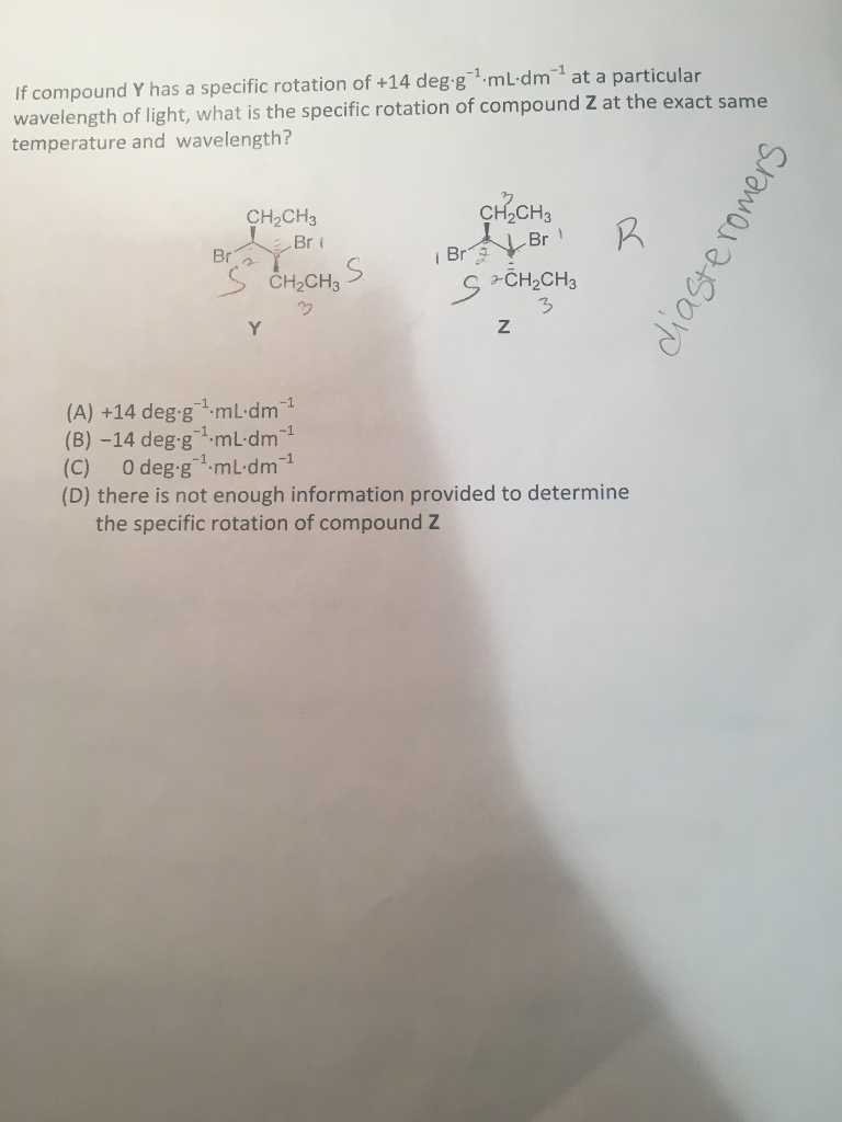 Solved If compound Y has a specific rotation of +14 deg g | Chegg.com