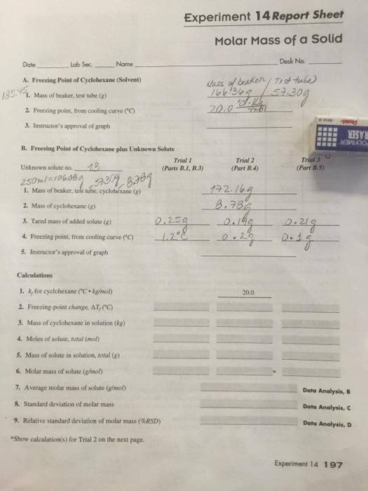 Freezing Point of Cyclohexane (Solvent) Mass of | Chegg.com