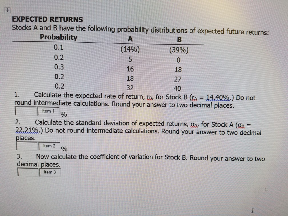 Solved EXPECTED RETURNS Stocks A and B have the following | Chegg.com