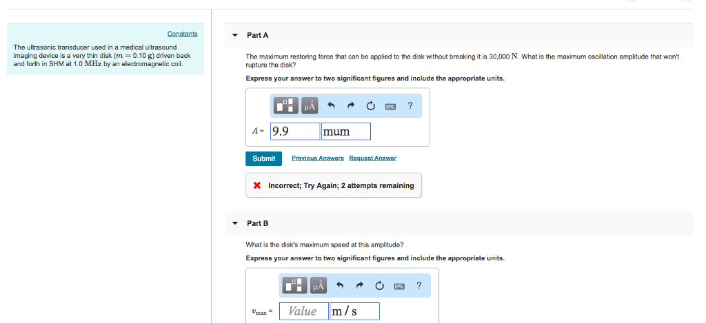 Solved Constants Part A The ultrasonic transducer used in a | Chegg.com