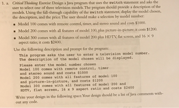Solved Critical Thinking Exercise Design A Java Program Chegg