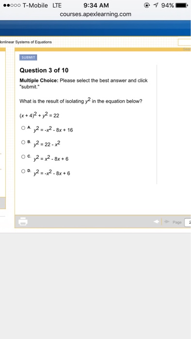 Solved What is the result of isolating y^2 in the equation | Chegg.com