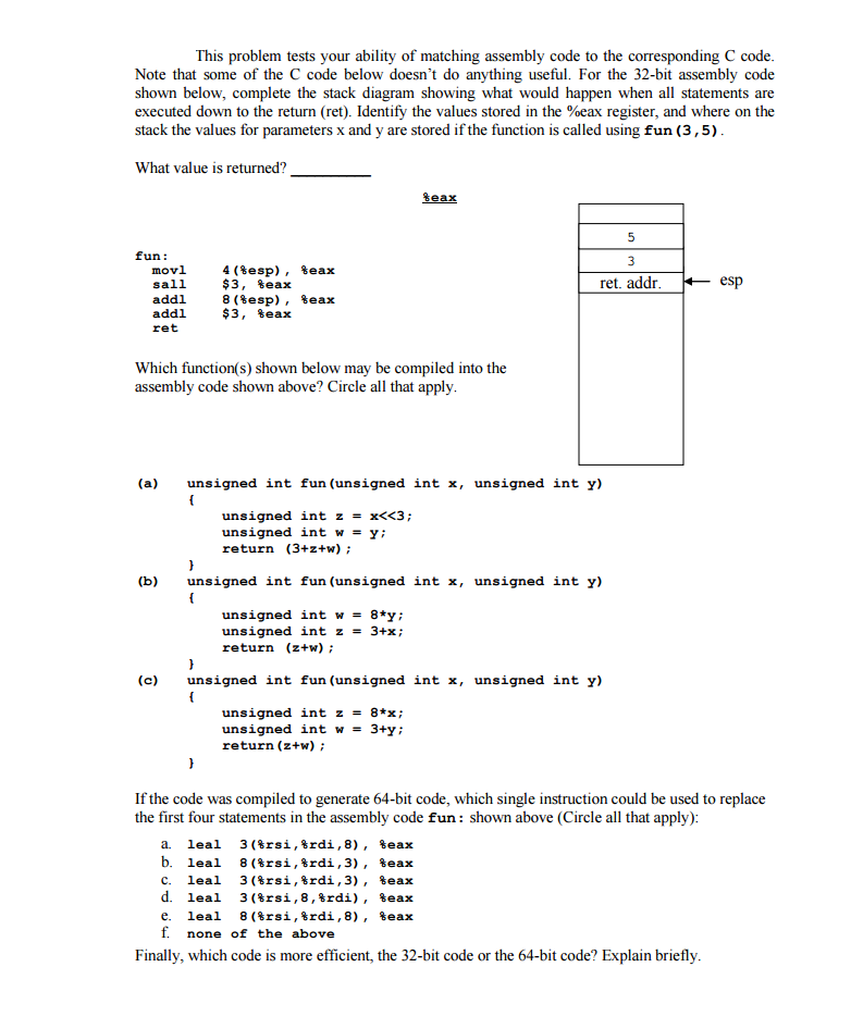 Solved This problem tests your ability of matching assembly | Chegg.com