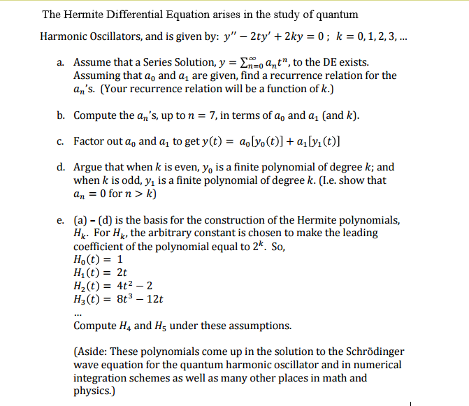 Solved The Hermite Differential Equation arises in the study | Chegg.com