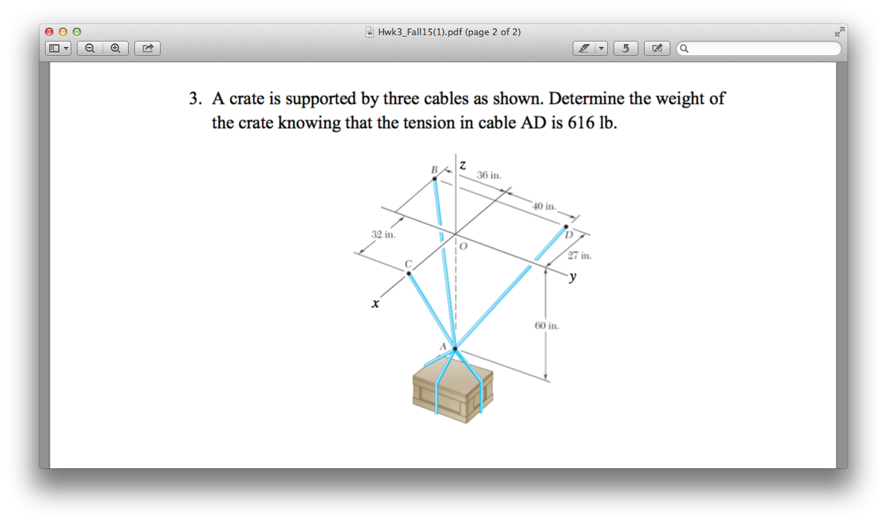 Solved A crate is supported by three cables as shown. | Chegg.com
