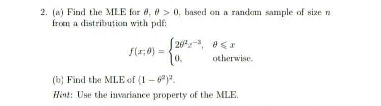 Solved 2. (a) Find the MLE for θ, θ > 0, based on a random | Chegg.com