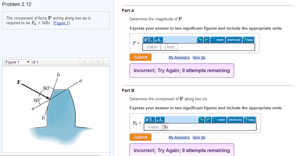 Solved The component of force F acting along line aa is | Chegg.com