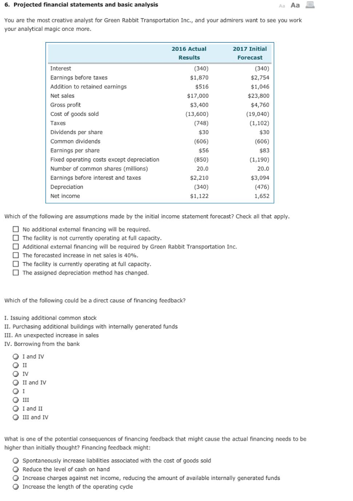 Solved 6. Projected financial statements and basic analysis | Chegg.com