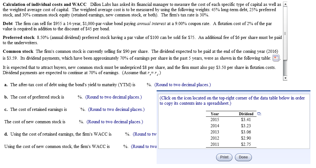 Solved Calculation of individual costs and WACC Dillon Labs | Chegg.com