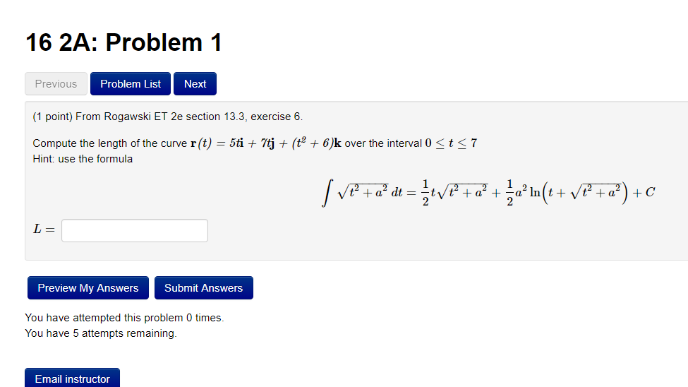 Solved 16 2A: Problem 1 Previous (1 point) From Rogawski ET | Chegg.com Solved 16 2A: Problem 1 Previous (1 point) From Rogawski ET | Chegg.com