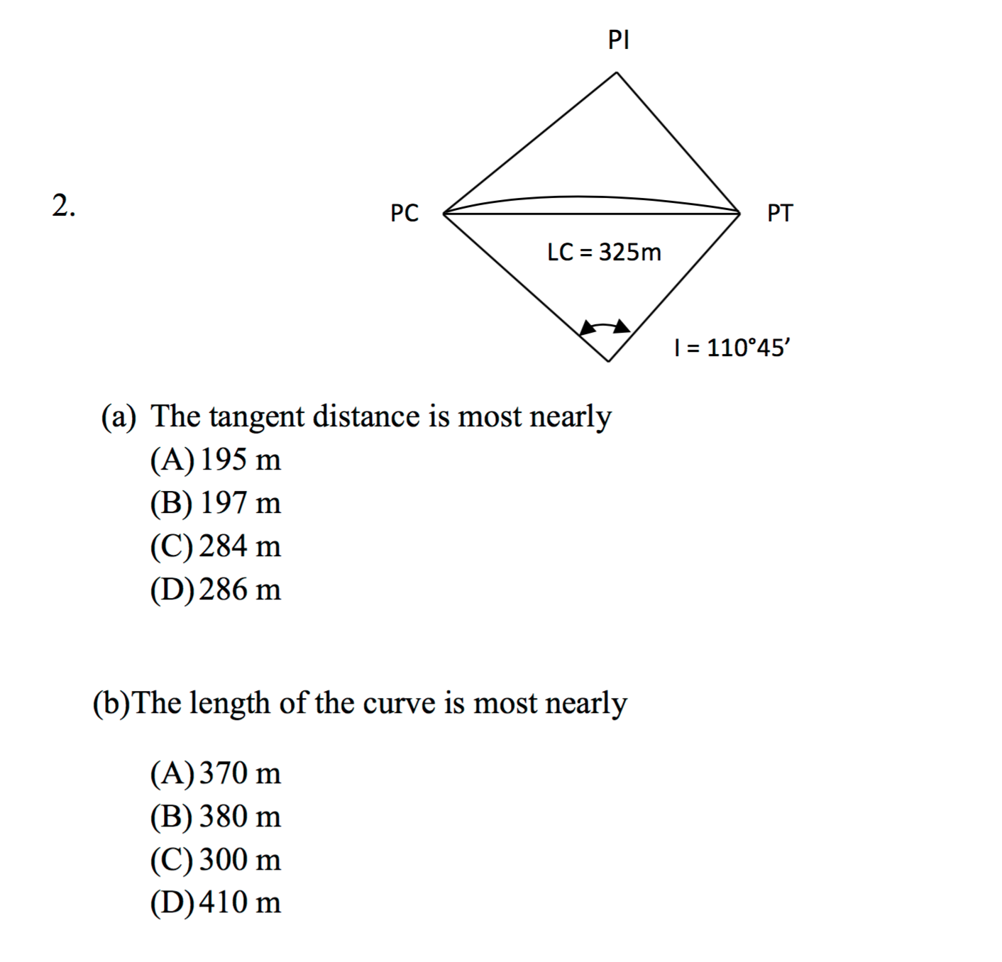 Solved The tangent distance is most nearly (A) 195 m | Chegg.com