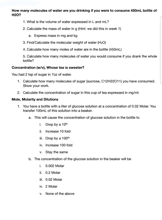 Solved How many molecules of water are you drinking if you | Chegg.com