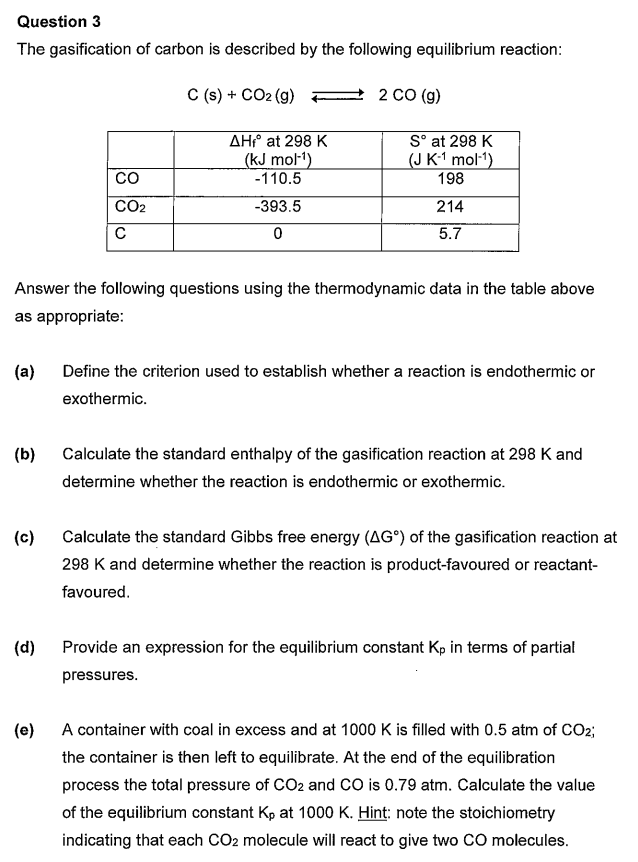 Solved Question 3 The gasification of carbon is described by | Chegg.com