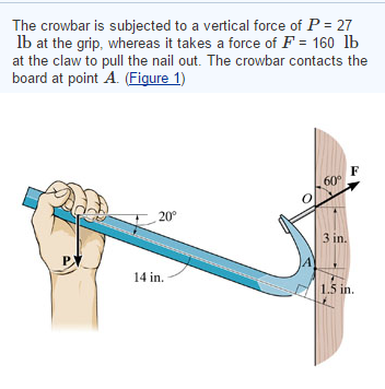 Solved The crowbar is subjected to a vertical force of P 27 | Chegg.com