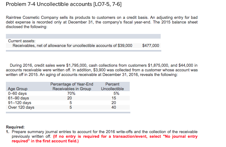 Solved Problem 7-4 Uncollectible accounts LO7-5, 7-6] | Chegg.com