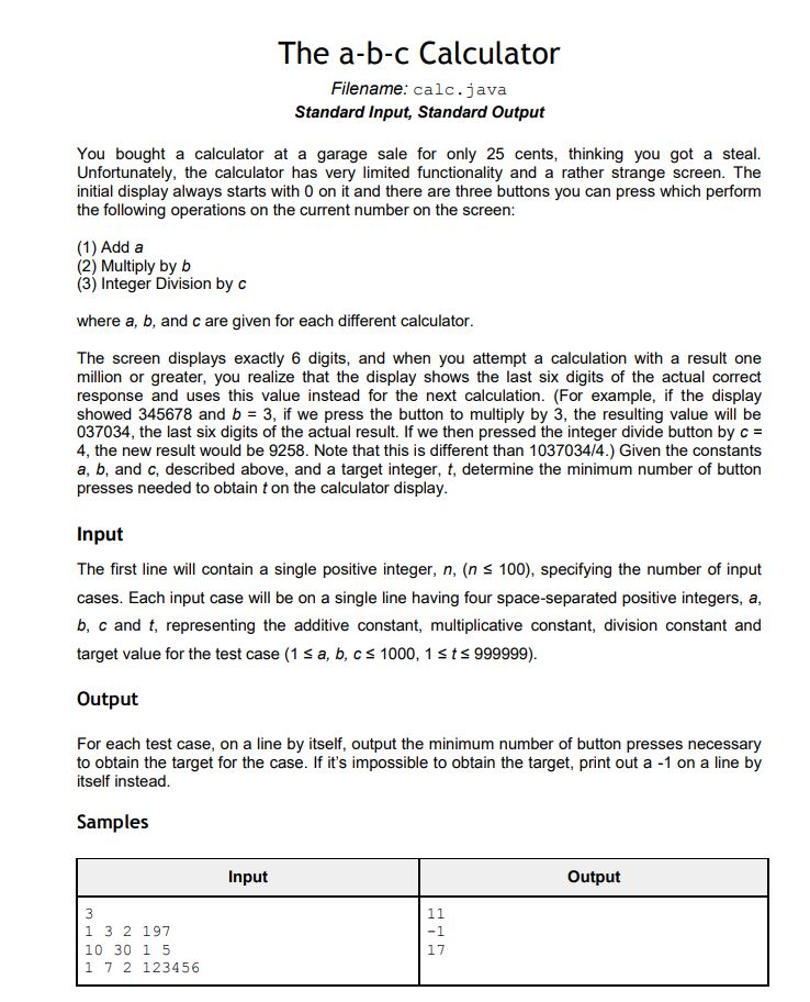 The a-b-c Calculator Filename: calc.java Standard | Chegg.com