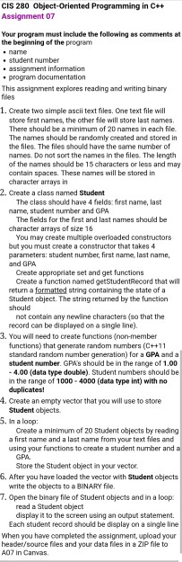 Solved Cis 280 Object-oriented Programming in C++ Assignment | Chegg.com