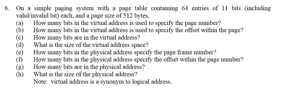 Solved 6. On a simple paging system with a page table | Chegg.com