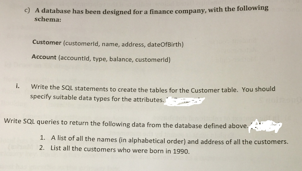 Solved A database has been designed for a finance company, | Chegg.com