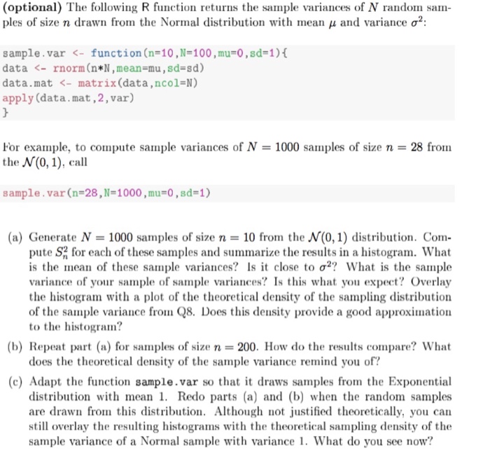 Solved The following R function returns the sample variances | Chegg.com
