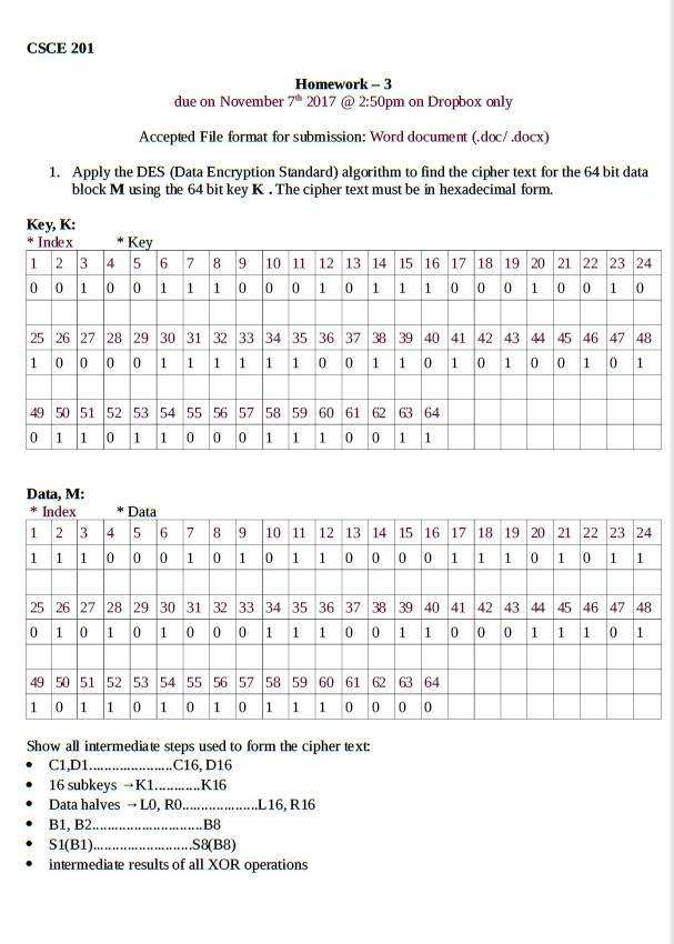 Solved 1 Apply The Des Data Encryption Standard Algorithm 