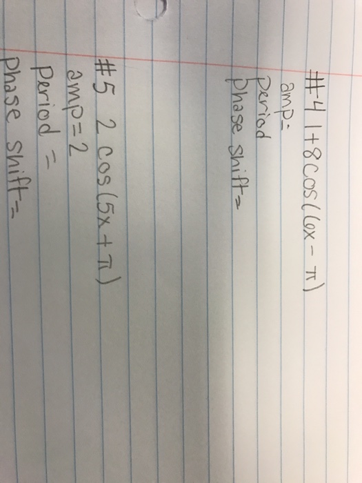 Solved #4 1 + 8 cos (6x - pi) amp = period phase shift = #5 | Chegg.com