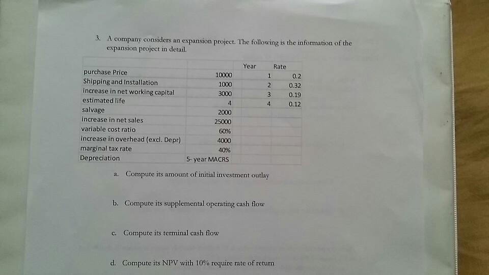 Solved 3. A company considers an expansion project. The | Chegg.com