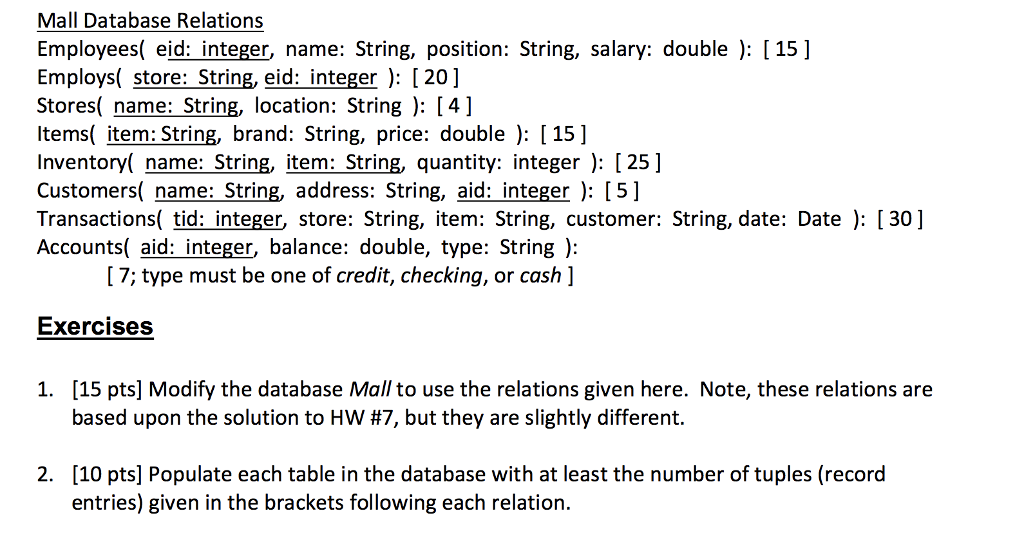 Solved Mall Database Relations Employees( eid: integer, | Chegg.com