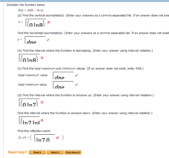 Solved Consider the function below. f(x) = ln(8 - ln x) (a) | Chegg.com