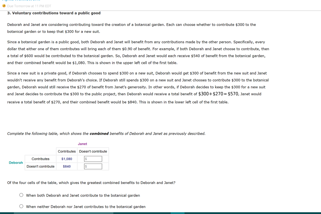 Solved 3. Voluntary contributions toward a public good | Chegg.com