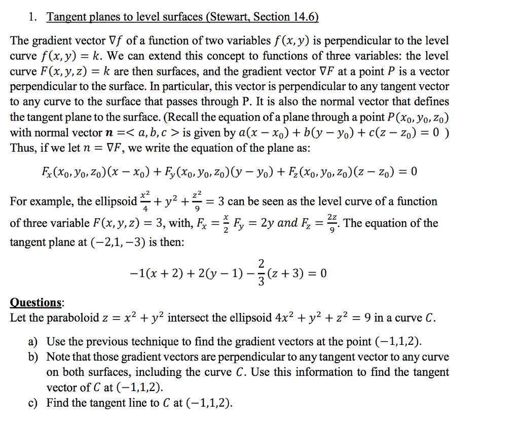 Solved 1. Tangent planes to level surfaces (Stewart, Section | Chegg.com