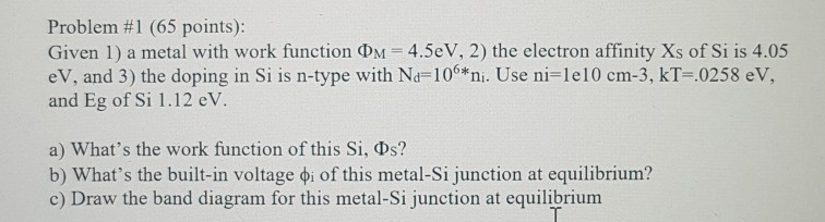 Solved Problem #1 (65 points): Given 1) a metal with work | Chegg.com