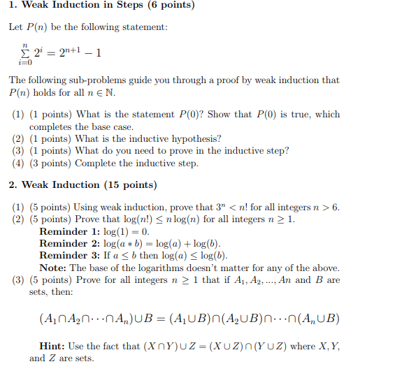 Solved 1. Weak Induction in Steps (6 points) Let P(n) be the | Chegg.com