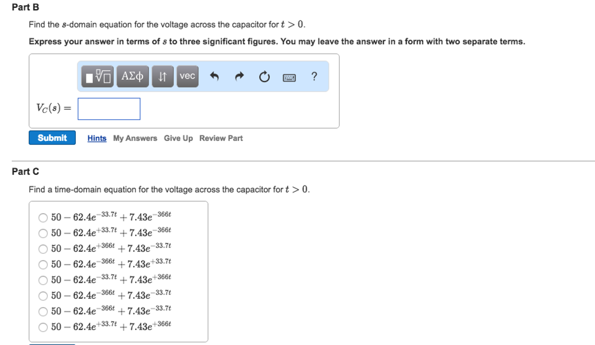 Solved Part B: Find the s-domain equation for the | Chegg.com