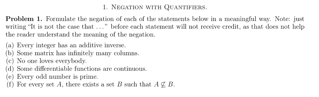 Solved 1. NEGATION WITH QUANTIFIERS Problem 1. Formulate the | Chegg.com