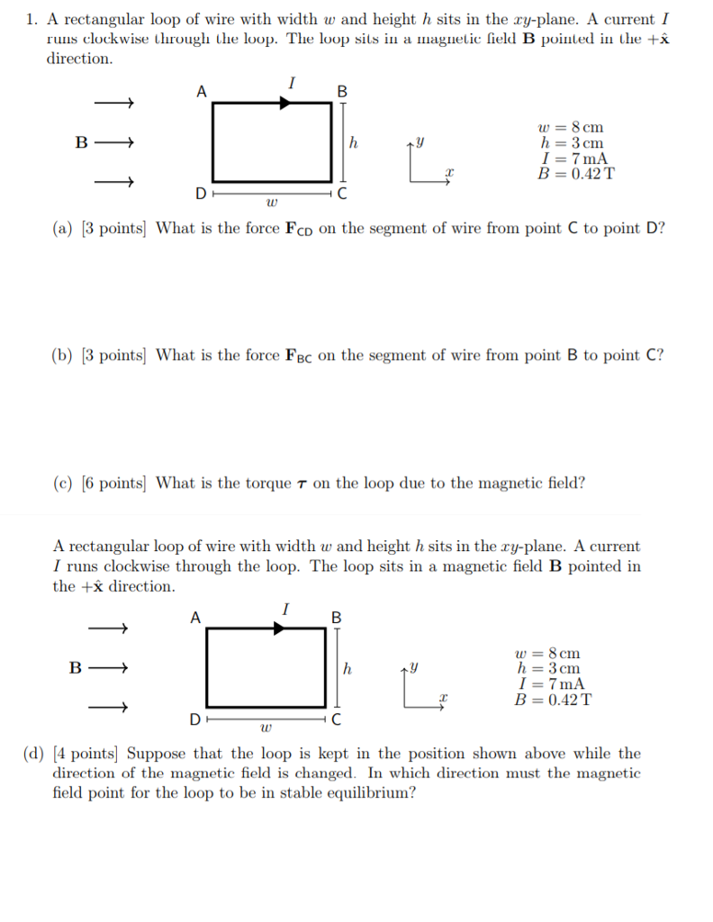 Solved 1 A Rectangular Loop Of Wire With Width W And Height 0435
