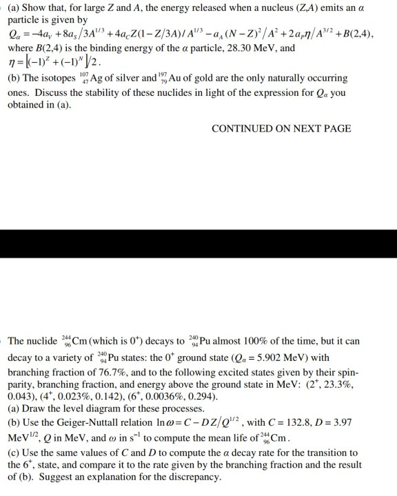 Solved (a) Show that, for large Z and A, the energy released | Chegg.com