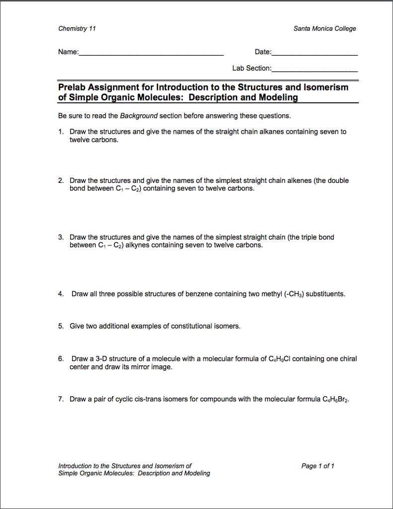 Solved Santa Monica College Chemistry 11 Name: Date: Lab | Chegg.com
